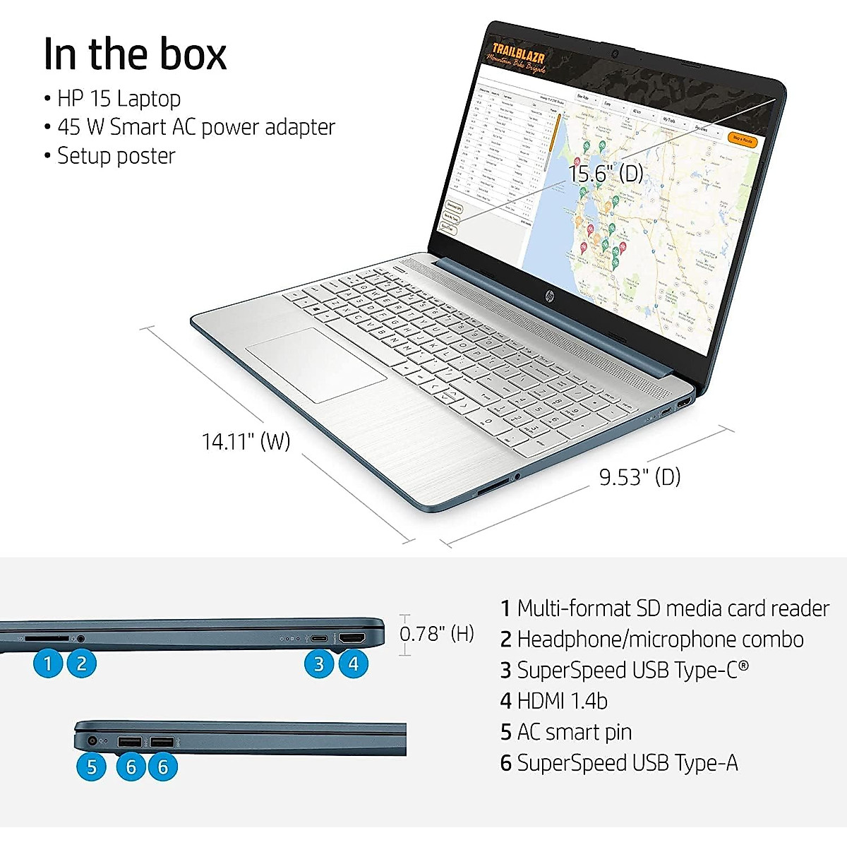 HP 15.6 Inch Laptop for College Students, Business, Intel Core i3-1115G4, 16GB RAM, 1TB SSD, Windows 11 Home, HDMI, SD Card Reader, Wi-Fi, Webcam, Spruce Blue, PCM