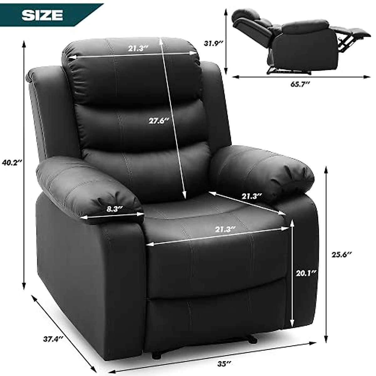 KVK PU Leather Recliner, Upholstered Sofa Recliner Chair, Manual Reclining Home Theater Seating, Arm Chair for Living Room Reading Room Bedroom, Black (GGIN0086BK)