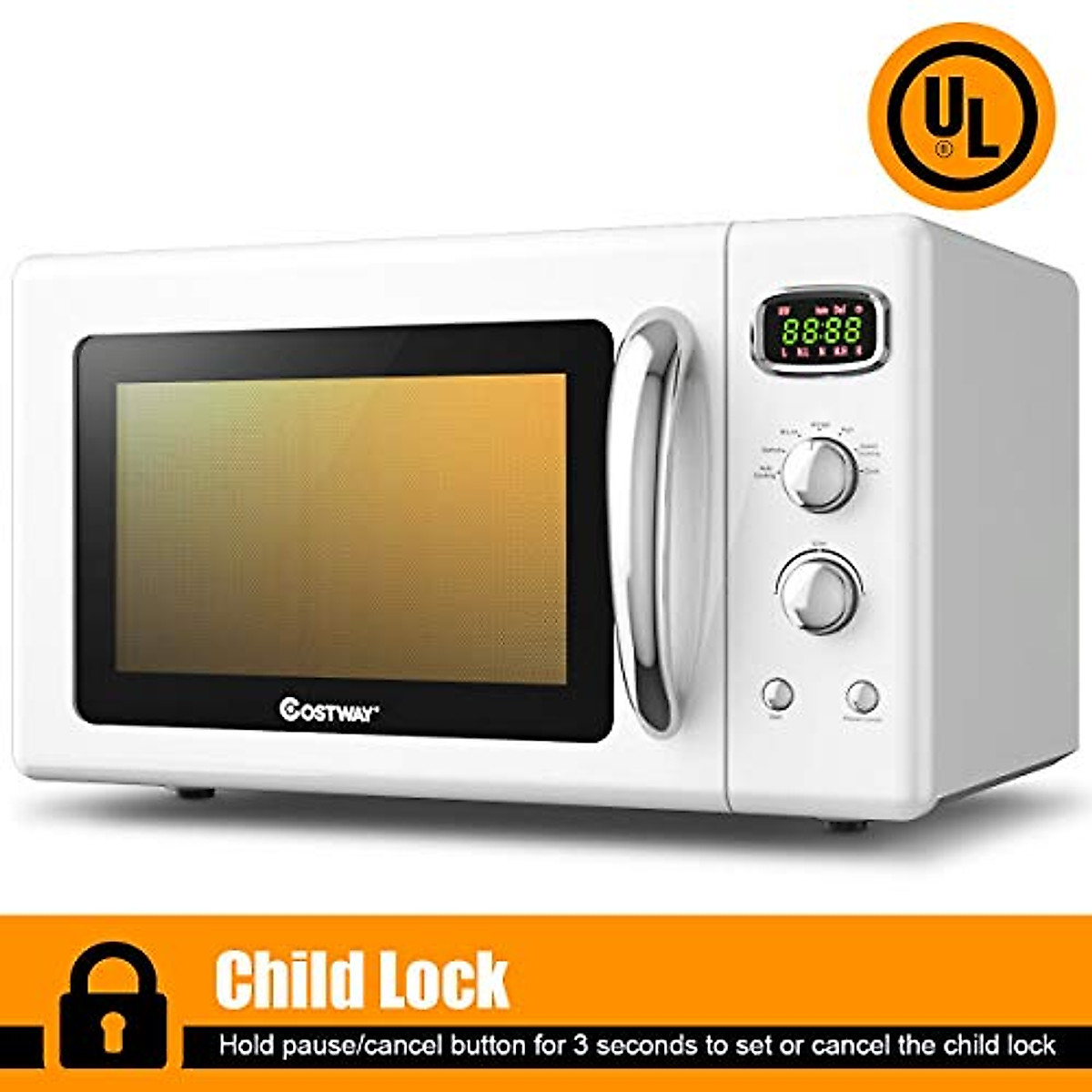 COSTWAY Retro Countertop Microwave Oven, 0.9Cu.ft, 900W Microwave Oven, with 5 Micro Power, Defrost & Auto Cooking Function, LED Display, Glass Turntable Viewing Window, Child Lock, ETL