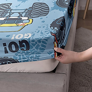 AILONEN Truck Fitted Sheet Set for Boys,Graffiti Blue Monster Truck Bedding Set Twin Size for Kids Boys Teens for Bedroom Decor,1 Fitted Sheet and 2 Pillowcases,3 Pieces