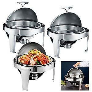 3 Pack Roll Top Chafing Dish Buffet Set 6 Quart Round Stainless Steel Chafer for Catering with Solid Stand and Fuel Holder Buffet Servers and Warmers for Party Banquets Wedding Buffets