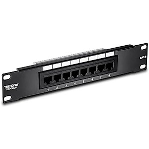 TRENDnet 8-Port Cat6 Unshielded Patch Panel, TC-P08C6, Rackmount, 10 Inch Wide, 8 x Gigabit RJ-45 Ethernet Ports, Pre-Numbered Ports, 250 Mhz Connection, Color Coded Labeling,