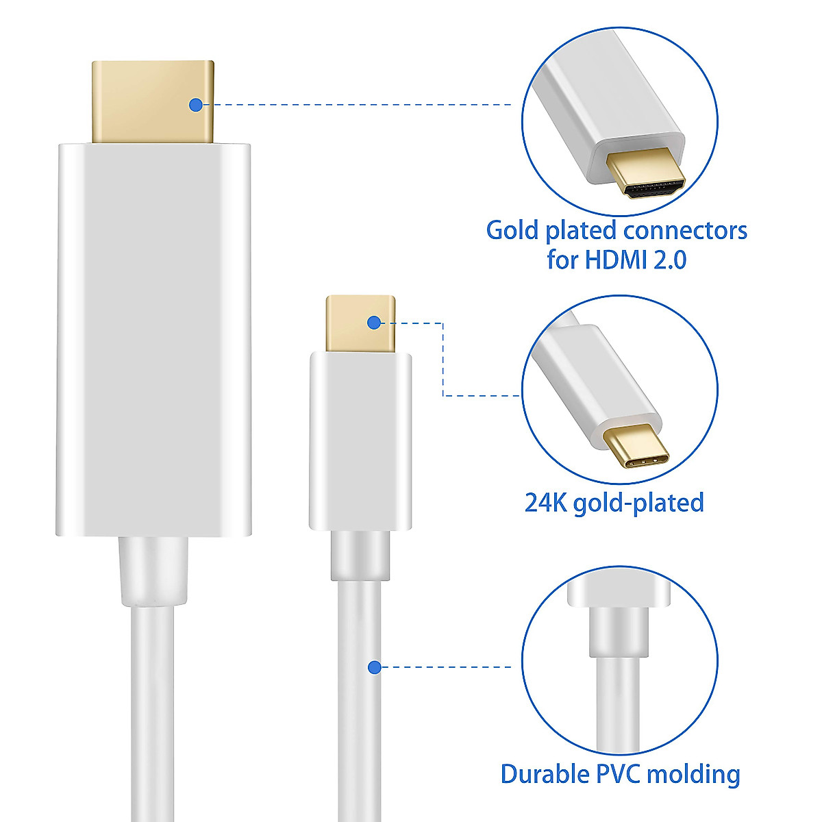 KUYIA USB C to HDMI Cable 6 Feet 4K@60Hz Thunderbolt 3 to HDMI Compatible with MacBook Pro 2018 2019, iPad Pro, MacBook Air 2018 2019, Surface Book 2, iMac, ChromeBook, Galaxy S9 (White)