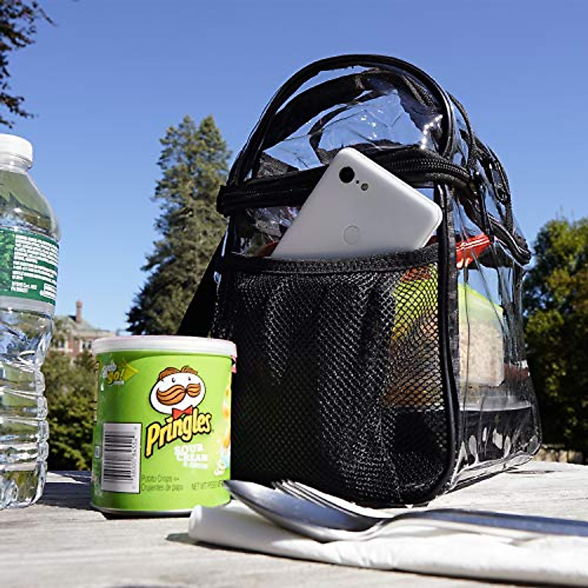 Amaro Premium 0.55mm Clear Dual Compartments Lunch Bag - Transparent Reusable Lunch Box for Adults - Ideal for Workplaces - Adjustable Shoulder Strap - Large Side Mesh Pockets