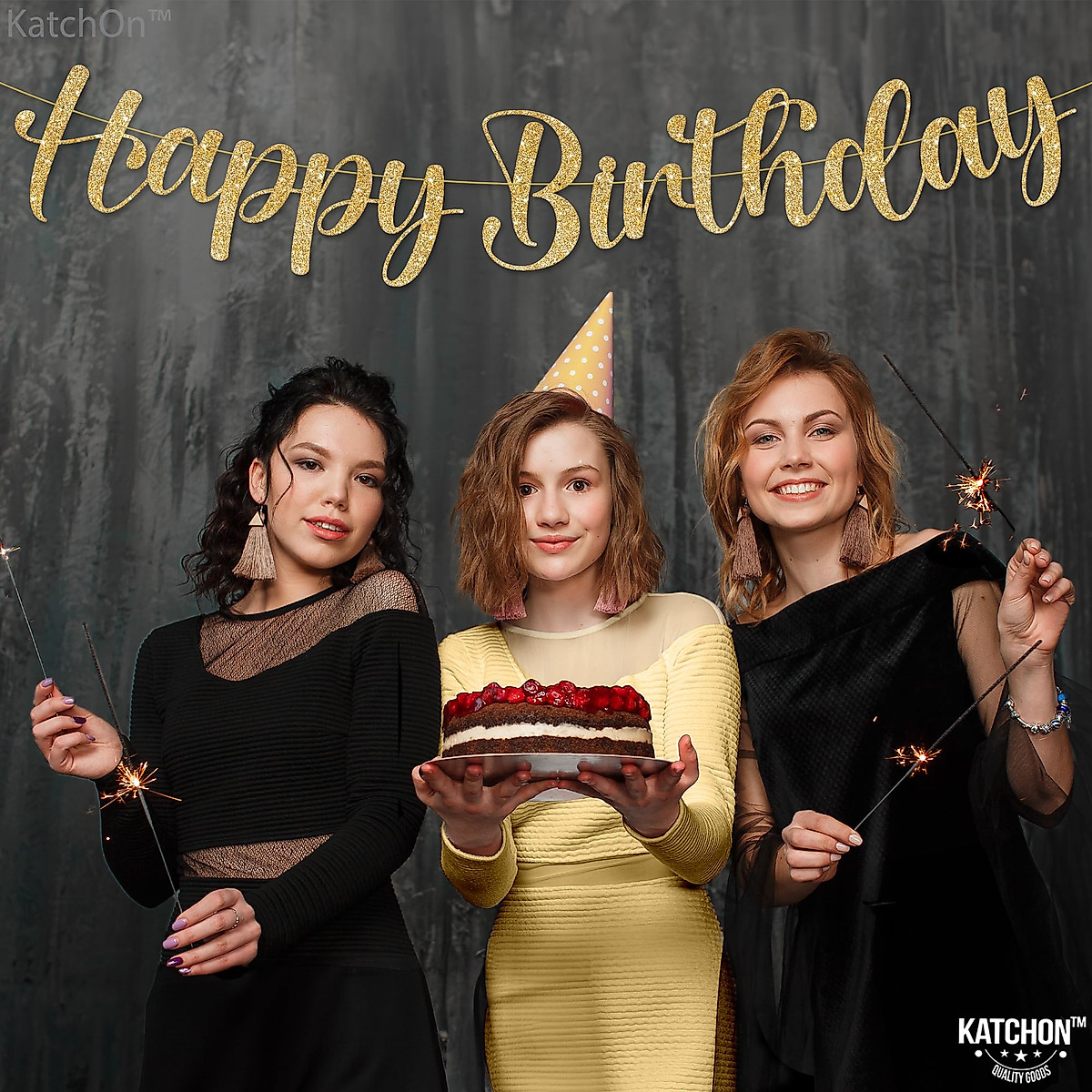 KatchOn, Glitter Gold Happy Birthday Banner - Pre-Strung, 10 Feet | Gold Happy Birthday Sign for Backdrop | Gold Birthday Banner for Happy Birthday Decorations | Backdrop for Gold Birthday Decorations