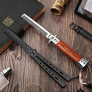 2 Pieces Wood Grain Switchblade Blade Comb Pocket Hair Brush Automatic Push Button Brush and Folding Butterfly Comb Stainless Steel Training Practice Comb Outdoor Practice Comb (Black)