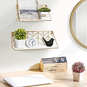 ROSE BLOOM Floating Shelves Wall Mounted Set of 2, Wood Storage Shelf with Metal Wire Basket for Bedroom, Living Room, Bathroom, Kitchen, Office, Arrow Design