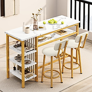 AWQM Bar Table Set of 2 with Storage Shelves, 47" White Faux Marble Dining Set with 2 Upholstered Counter Height Backrest Chairs, 3-Piece Dining Set for 2, Space Saving Table for Home & Kitchen