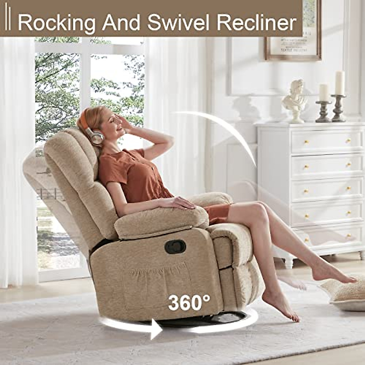 Dreamsir Oversized Rocker Recliner Chair for Adults, 360° Swivel Recliner Chair Ergonomic Chair, Overstuffed Manual Rocking Recliner for Living Room, Theater Seating Single Sofa Chairs(Sandy)