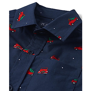 The Children's Place Boys' Long Sleeve Poplin Button Down Shirt, Christmas Truck Print, Medium