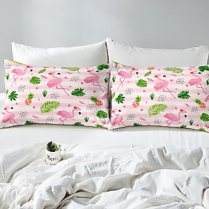 Feelyou Pink Flamingo Bed Sheet Set Full Size, Tropical Flamingo Fitted Sheet Flamingo Bedding Set Plam Leaves Bed Cover with 2 Pillow Case (No Flat Sheet)