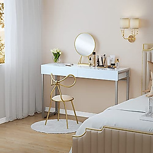 GreenForest Vanity Desk with 2 Drawers Glossy White 47 inch Modern Home Office Computer Writing Desk Makeup Dressing Table with Metal Silver Legs for Bedroom,Without Mirror