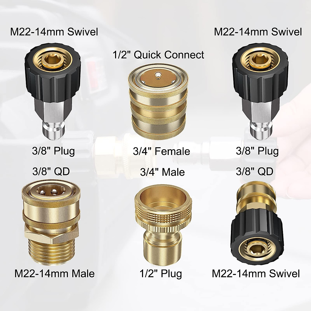POHIR Pressure Washer Adapter Set 8 Pack, 2 Different M22-14 Swivel to 3/8'' Male and Female Quick Connect, 3/4" Brass Garden Hose Quick Release Connector and M22 15&14mm to 14mm NPT Fitting