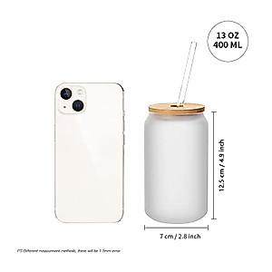 PYD Life Sublimation Glass Cans Blanks Frosted 13 OZ with Bamboo Lid and Clear Glass Straw Wide Mouth Jar Tumbler Cups Mugs for Iced Coffee,Juice,Soda,Drinks 6 Pack