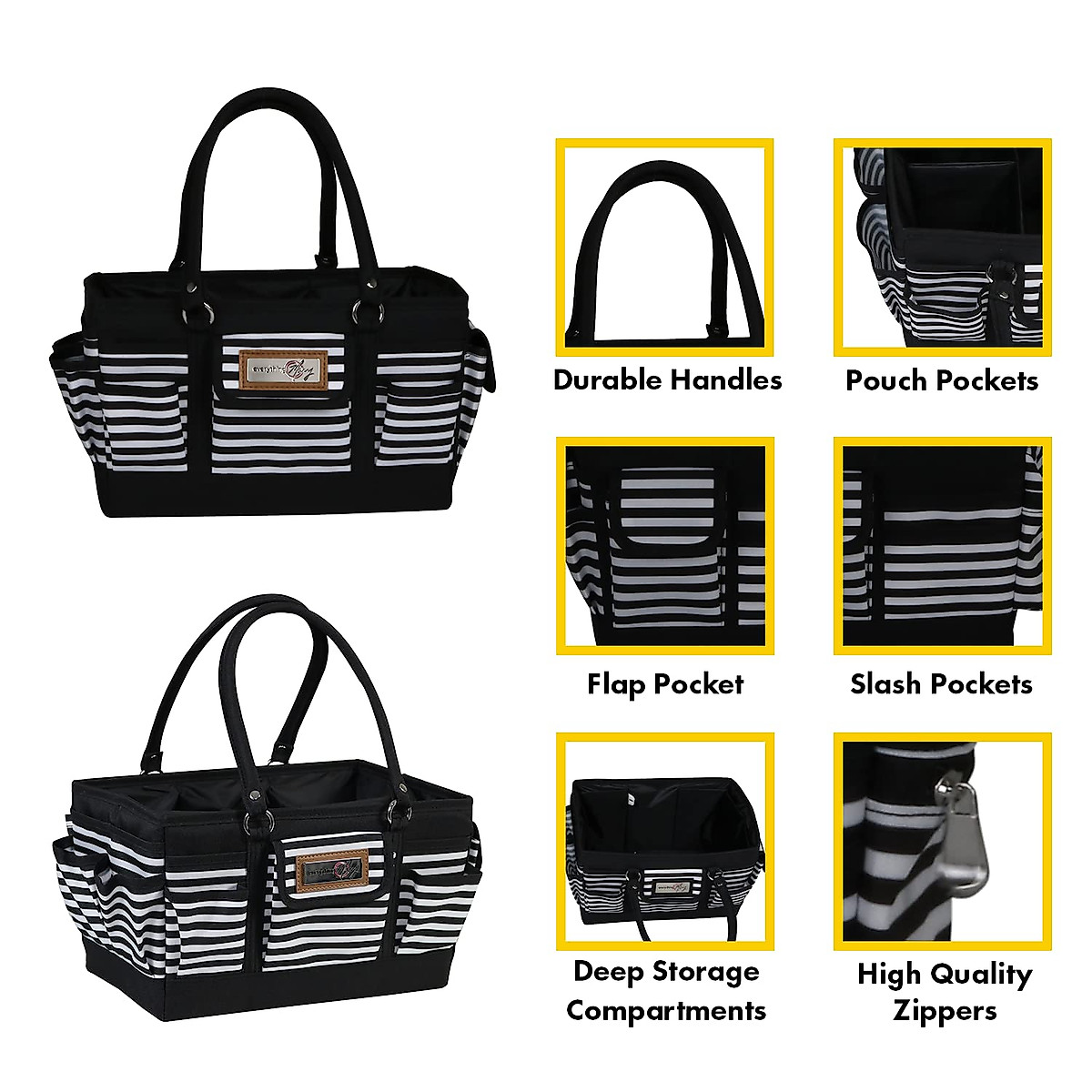Everything Mary Deluxe Store and Tote, Black & White Stripe - Caddy for Art, Craft, Sewing & Scrapbooking Supplies - Craft Organizers and Storage with Many Compartments