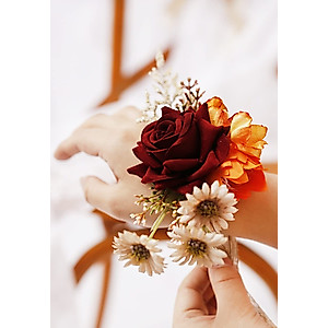 Ansofi Wrist Corsage Wristlet Band Bracelet for Women Bride Bridesmaid, Burgundy & Burnt Orange Corsages for Wedding Set of 6…