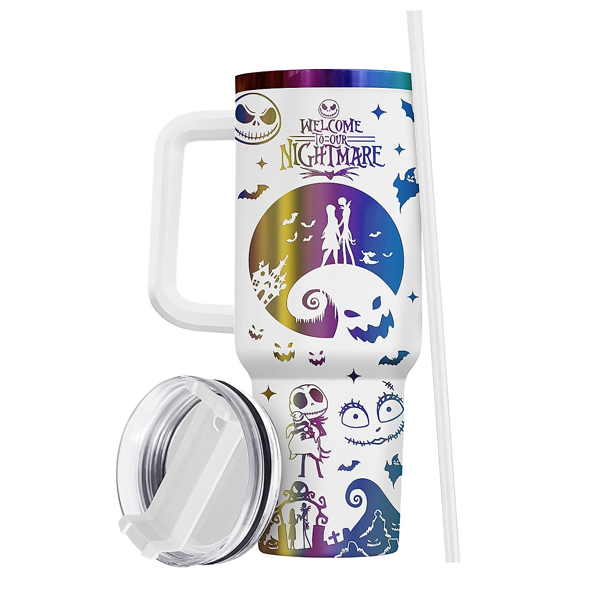 GEPOSTORE Birthday Gifts for Movie Lovers, Skeleton Couple 40oz Laser Tumbler with Handle, Spooky Movie Cup, Horror Movie Coffee Mug, Gifts for Christmas Halloween