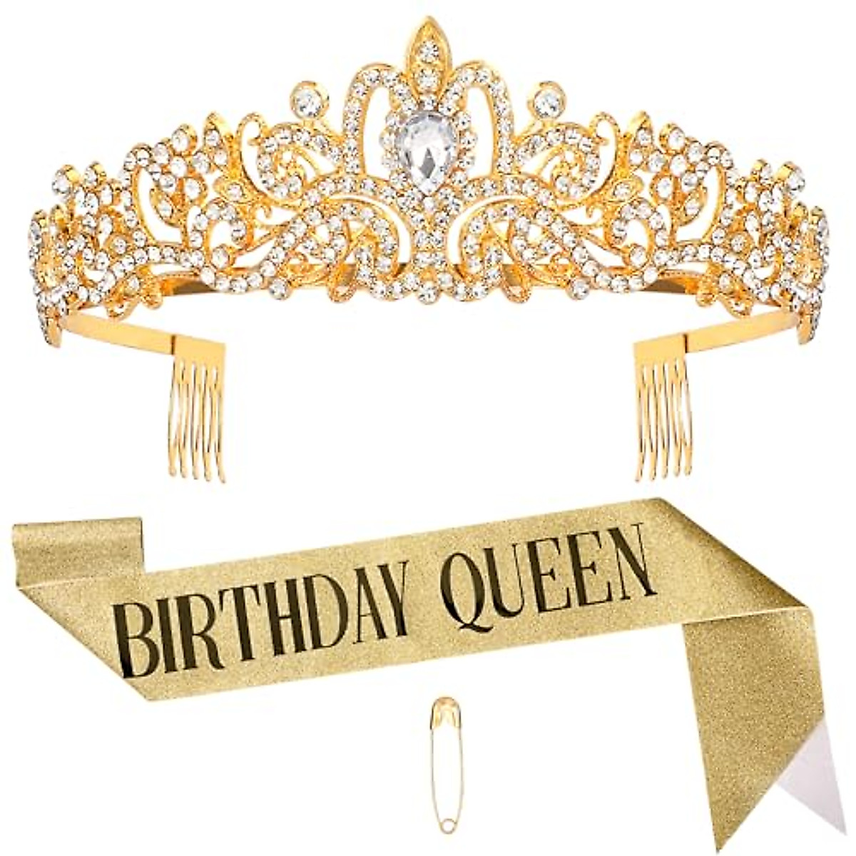 GINZU Birthday Queen Sash and Crystal Tiara Set, Gold Tiara and Crowns for Women Birthday Gift for Girl Kit Decorations Set Rhinestone Hair Accessories Glitter Stain Silk Sash for Party
