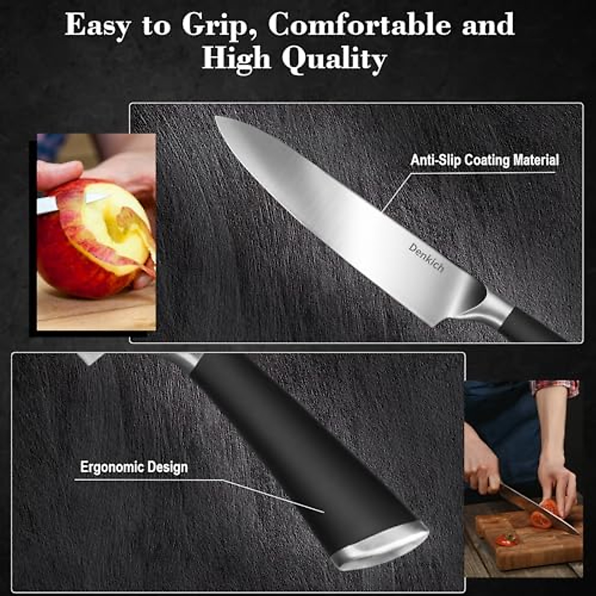 Denkich Small Knife Set, 6 Pieces Professional Chef Knife Set for Kitchen, German 5CR15 Steel Knife Set with Wood Block, Easy-Grip Handle, Rust-Proof, for Chopping, Slicing, Dicing