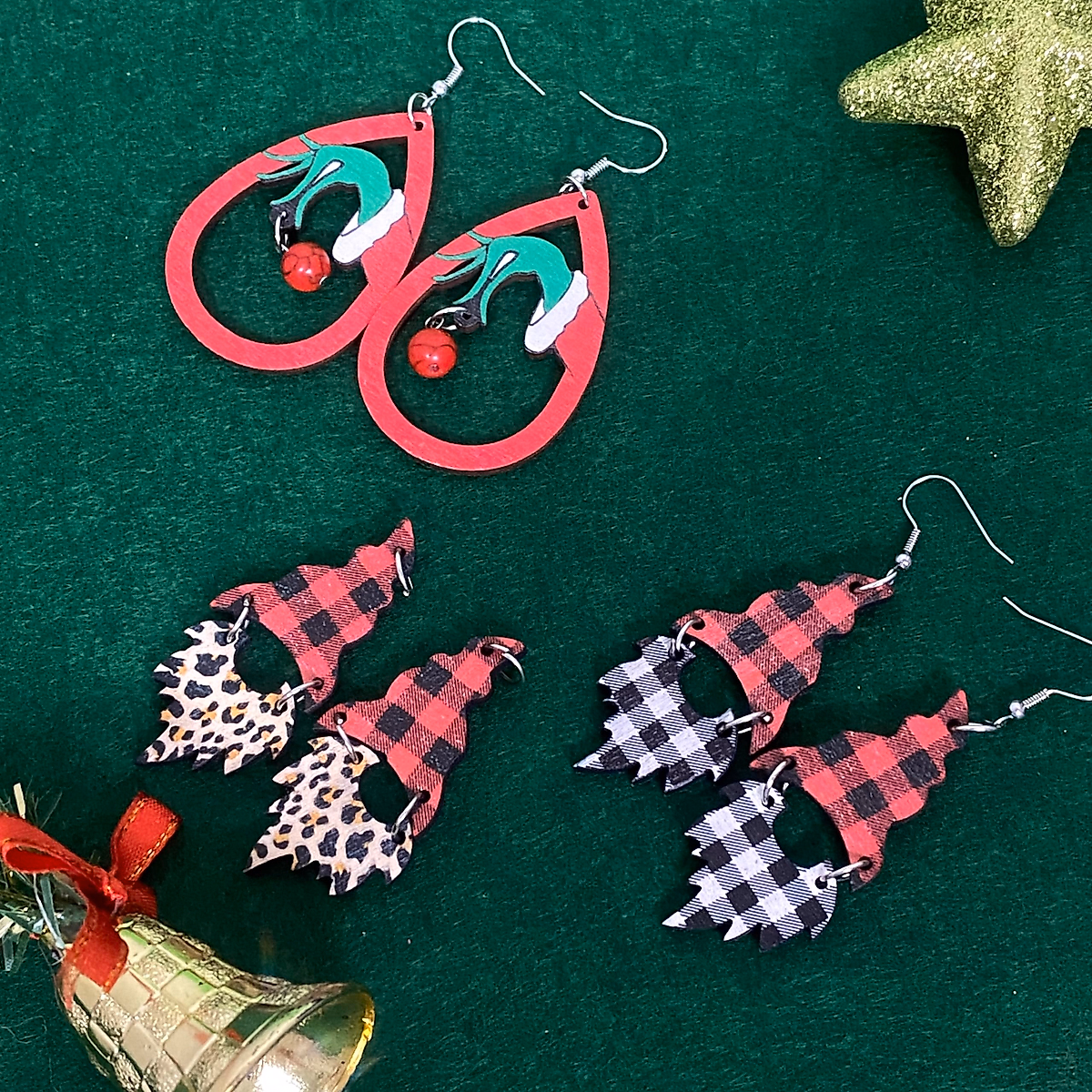 Christmas Earrings for Women Winter Dangling Earring Plaid Wood Christmas Jewelry for Girls-black plaid