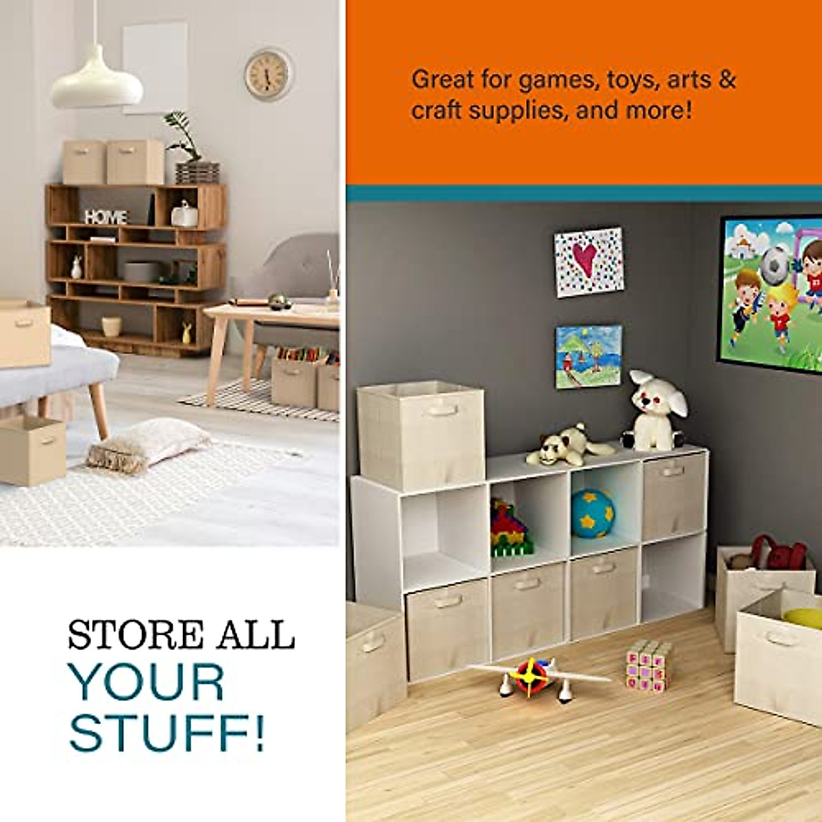 Home (Beige 6-Piece Set Bins for Shelves and Foldable Storage Cubes, Office, and Nursery Complete, (L) 11.15” x (W) 10.5” x (H) 10.5