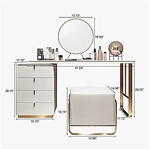 i-POOK Modern Makeup Vanity Set, Wood White Dressing Table Set with Side Cabinet, 15.75" Round Mirror and PU Leather Stool for Girls Bedroom, Gift for Wife, Daughter, Mother, 47.24" x 29.53" x 17.72"