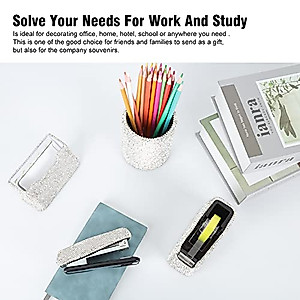 KEYPOWER Bling Crystal Luxury Handmade Diamond Pencil Pen Pot Holder & Stapler & Card Holder & Desktop Tape Dispenser Office Stationery Kit for Fashion Girls Women (White Round)