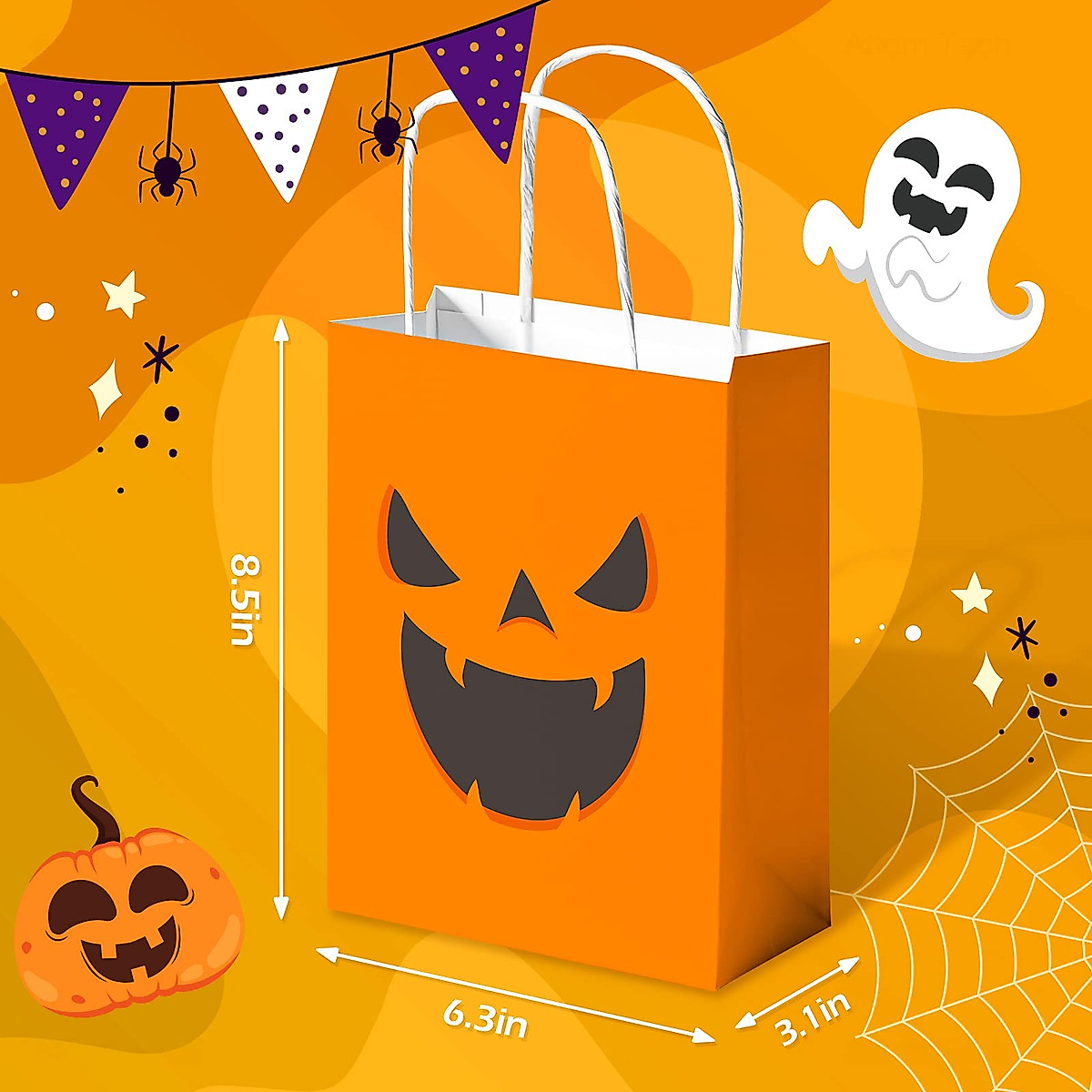 NiHome 16-Pack Halloween Pumpkin Kraft Paper Treat Bags with Handles - Assorted Jack-o'-lantern Designs for Trick or Treat, Party Favors, Candy, Cookies, and Gifts