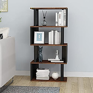 MIN WIN 5-Tier Open Storage Display Shelf,50.2" Tall Storage Wooden Bookshelf and Bookcase,Modern S-Shaped Bookshelves,Freestanding Decorative Storage Shelves with Metal Frame for Living Room