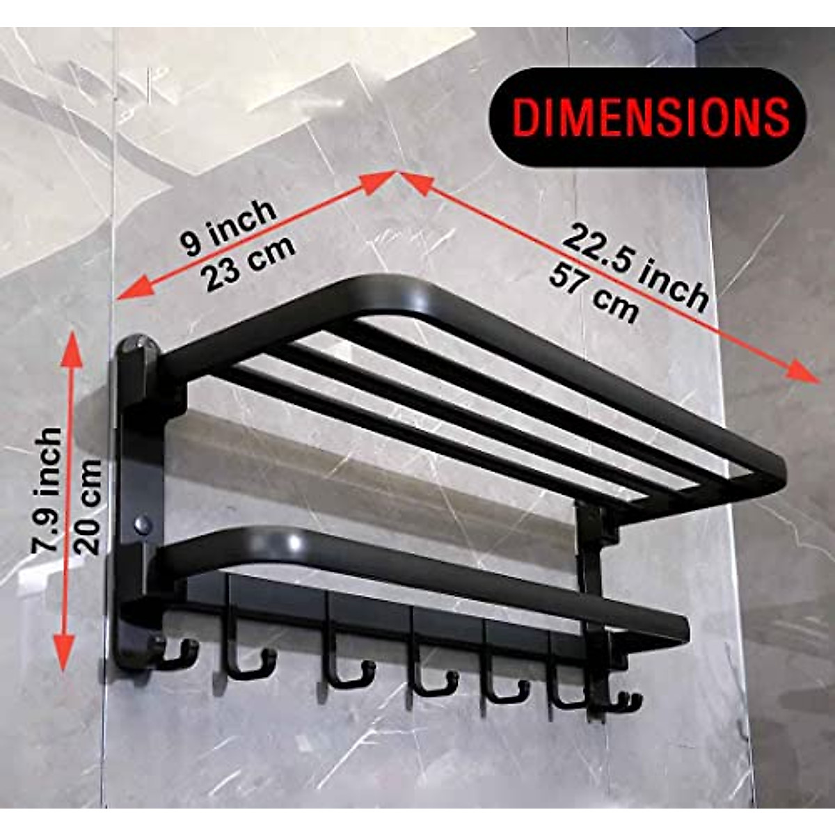 Yariwiz Matte Black Towel Rack Wall Mounted No Drill and Screw Mounting, Bathroom Bath Shower 22.5 inch Double Towel Rod with Shelf Hotel