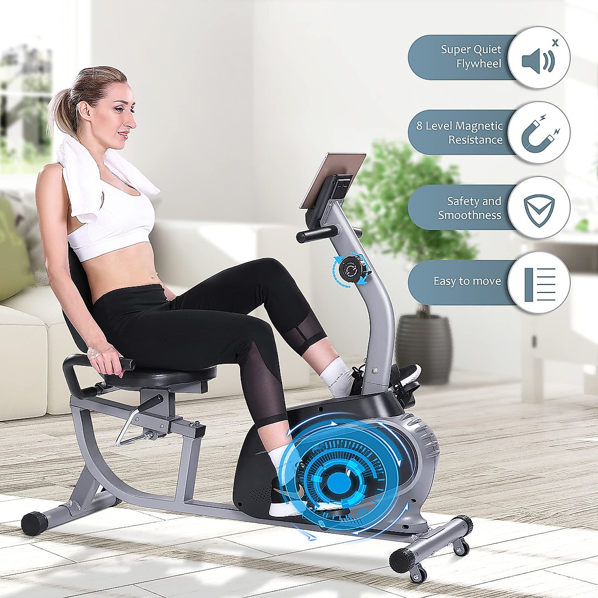 Magnetic Recumbent Exercise Bike Indoor Stationary Bike with Adjustable Cushion Seat and Resistance,Pluse Monitor,Transport Wheels and Tablet Holder for Home Use