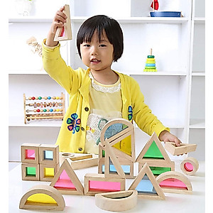 Agirlgle Wood Building Blocks Set for Kids 24 Pcs Rainbow Stacker Stacking Game Construction Toys Set Preschool Colorful Learning Educational Toys - Geometry Wooden Blocks for Boys & Girls