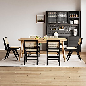 Accent Chair Dining Chairs Set of 2, Solid Wood Frame Boho Rattan Chair, Mid Century Modern Accent Chairs for Living Room Bedroom Dining Room Kitchen(Black)