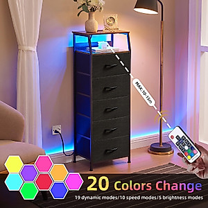 Somdot Black Nightstand with Charging Station and LED Light for Bedroom, Tall 5 Drawers Dresser with Fabric Bins for Bedside Laundry Closet Entryway Hallway, Black Rustic Brown