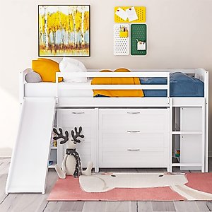 MERITLINE Twin Loft Bed with Slide, Kids Loft Bed with Storage Shelves and Drawers, Wood Low Loft Bed with Cabinet, Twin Size Loft Bed Frame for Living Room, Bedroom (White, New)