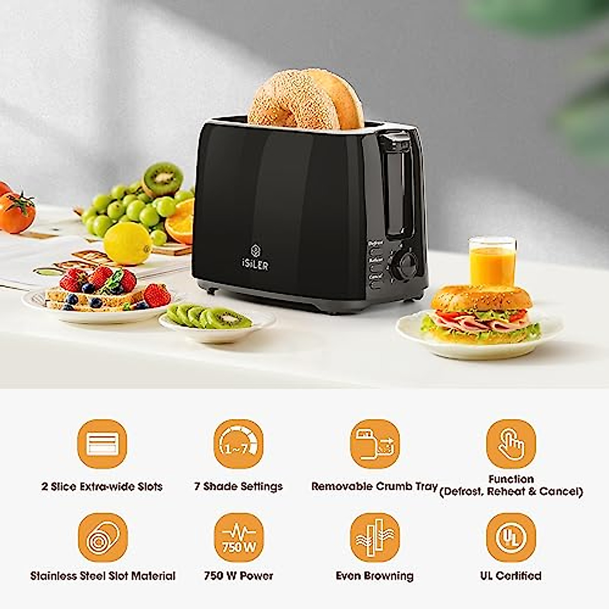 iSiLER 2 Slice Toaster, 1.3 Inches Wide Slot Bagel Toaster with 7 Shade Settings and Double Side Baking, Compact Bread Toaster with Removable Crumb Tray, Defrost Cancel Function Black