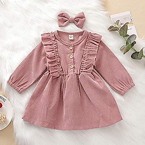 YQYJA Toddler Baby Girls Fall Winter Corduroy Ruffle Long Sleeve Dress Headband Kids Dresses (Pink, 12-18 Months)