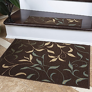 Machine Washable Leaves Design Non-Slip Rubberback 2x3 Pack of 2 Traditional Area Rug for Entryway, Bedroom, Kitchen, Bathroom, 2'3" x 3' - Pack of 2, Brown