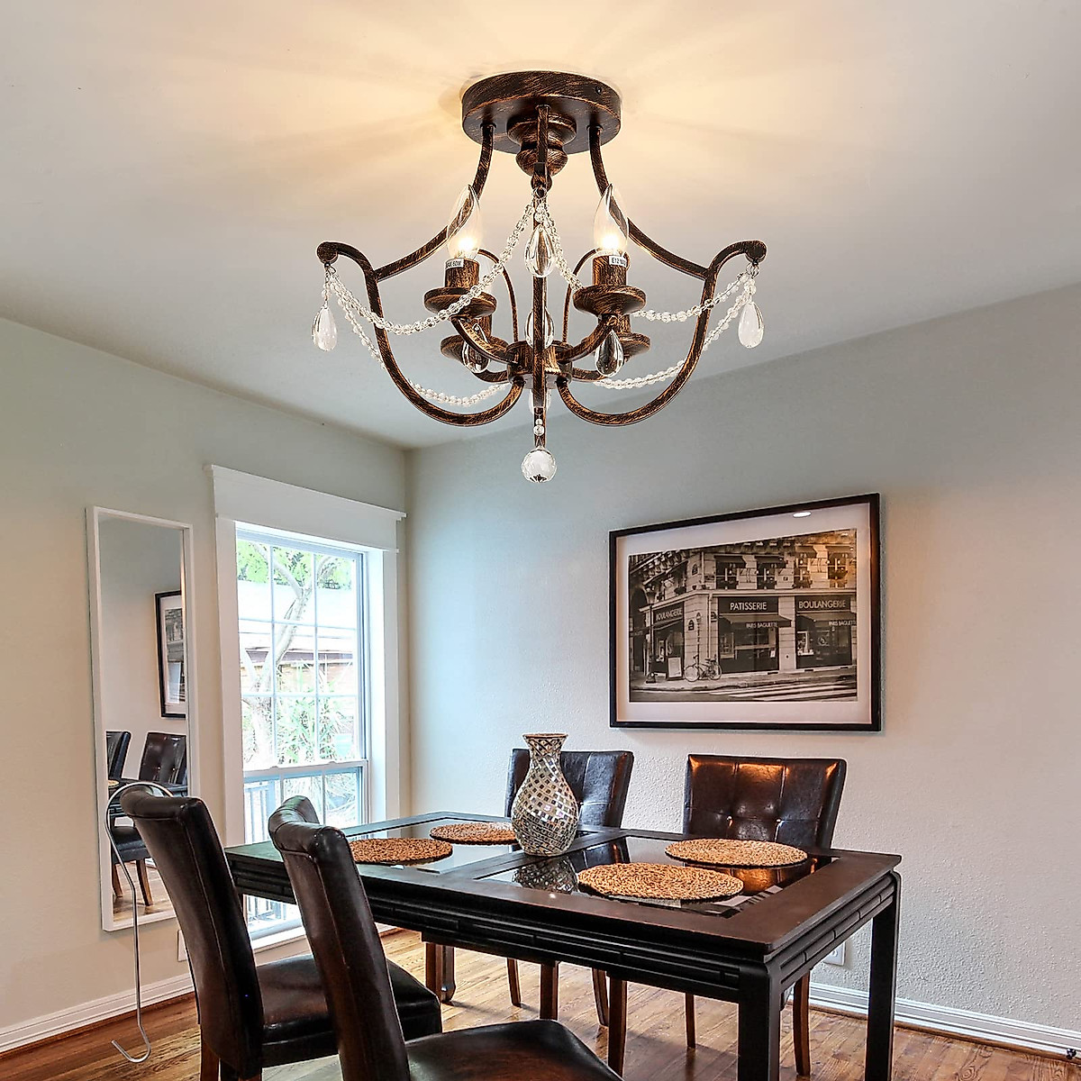 UOFUS Vintage Semi Flush Mount Crystal Chandelier Oil Rubbed Bronze 4-Light Small Metal Ceiling Light Fixture Farmhouse Ceiling Lamp for Foyer Kitchen Entryway Hallway Bathroom Bedroom Dining Room