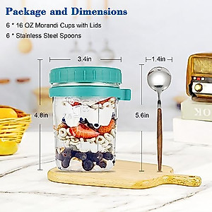 Morandi Overnight Oats Containers with Lids and Spoons 6 Pack, 16 OZ Glass Mason Jars for Overnight Oats Healthy Meal Prep, Oatmeal Container Storage for Cereal Milk Salad Chia Pudding