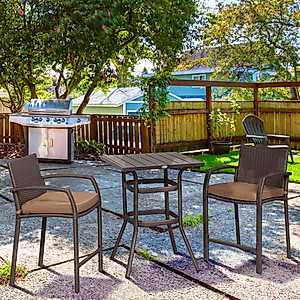 Outsunny 3 PCS Rattan Wicker Bar Set with Wood Grain Top Table and 2 Bar Stools for Outdoor, Patio, Poolside, Garden, Brown