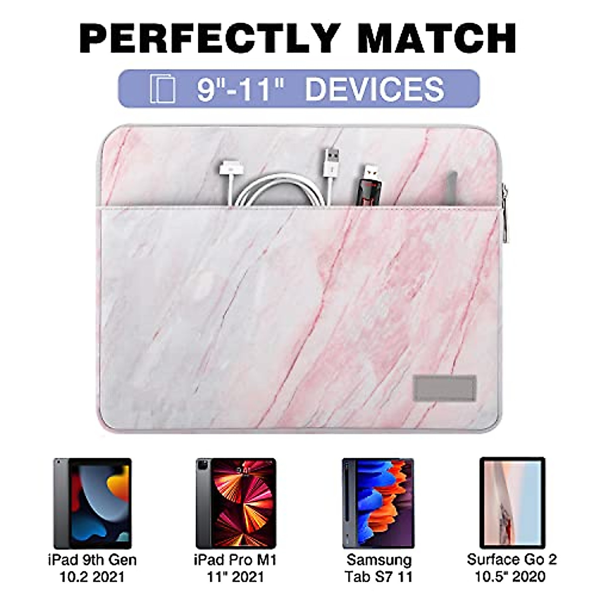 MoKo 11 Inch Tablet Sleeve Bag Carrying Case Fits iPad air 5 10.9" 2022, iPad Pro 11 M2 2022-2018, iPad 10th 10.9, iPad 9/8/7th Gen 10.2, iPad Air 4 10.9/Air 3 10.5, Tab S8 11"/Tab A, Pink Gray Marble