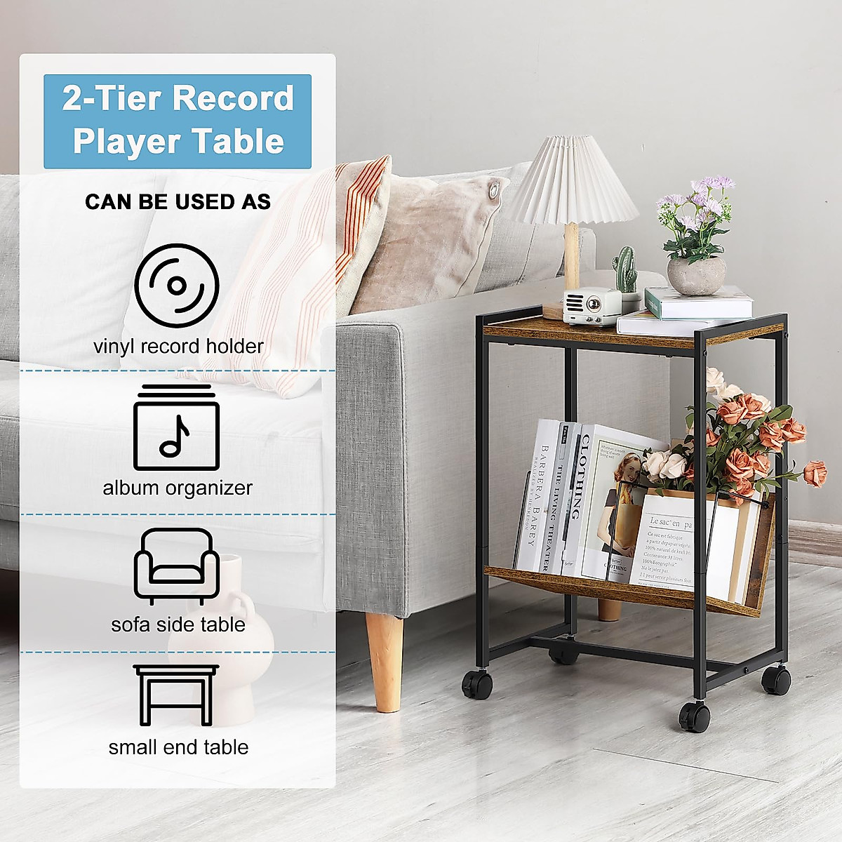smusei Record Player Stand Industrial Record Player Table with Album Storage Shelf, Turntable Stand with Wheels Vinyl Record Holder Cabinet for Living Room Office, Rustic Brown