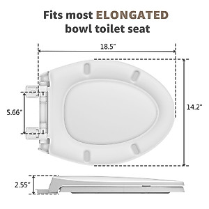 ELONGATED Toilet Seat, Slow-Close, Quick-Release, Never Loosen, Heavy Duty, Easy to Install and Clean, OVAL, White, 18.5"L x 14.2"W