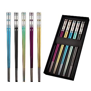 Hvanam 5 PaIrs Color 316 Stainless Steel 18/10 Reusable Chopsticks Set With Case Rainbow Multicolor Non-Slip Chopsticks Black Purple Gold Colored Blue For Dining Sushi Noodle Hot Pot,Dishwasher Safe