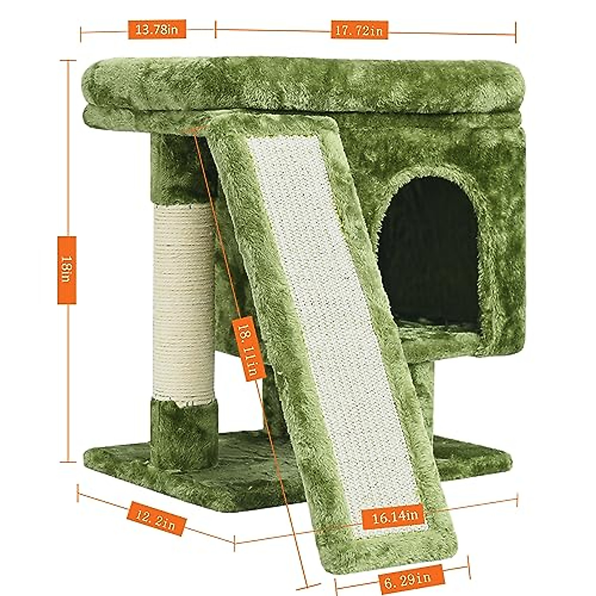 SYANDLVY Small Cat Tree for Indoor Cats, Kittens Condo with Scratching Post and Board, Cat Cave, Modern Cat Activity Tower with Plush Perch (Green)