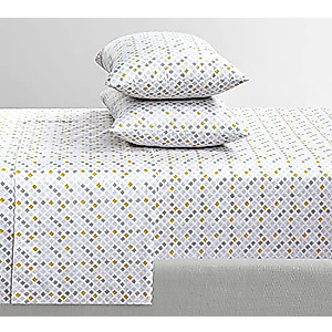 Feather & Stitch Softest 100% Cotton Sheets, Queen Size Sheet Sets, 4 PC Set, 300 Thread Count Percale Weave Bedding, 16" Deep Pocket, Cooling Sheets, Breathable Bed Set (Yellow Diamond)