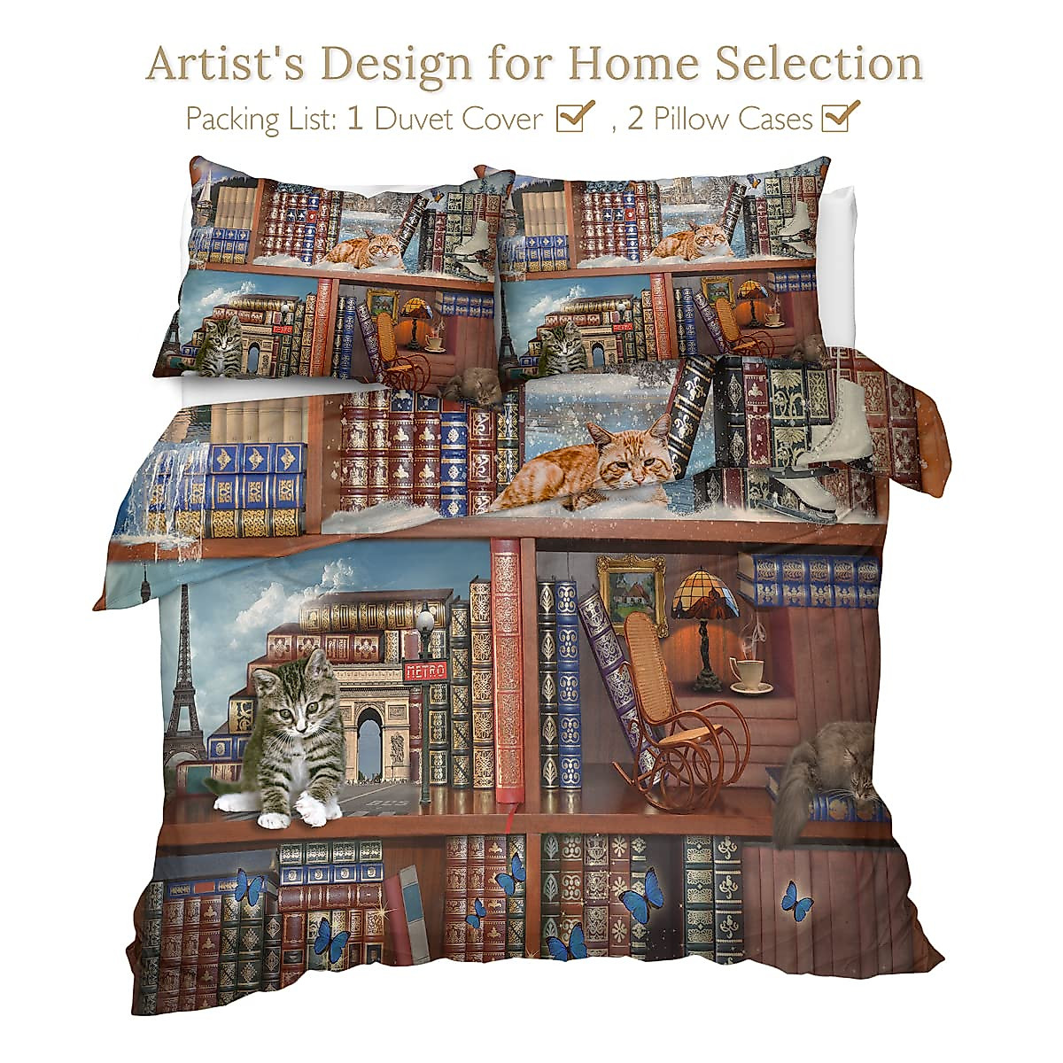 Sleepwish Cat in The Bookshelf Comforter Cover Set, Vintage Animal Pet Bedding Set, Cute Kitten Gifts Duvet Cover Set with Zipper for Kids Teens Boys Girls, 1 Duvet Cover 2 Pillow Cases, 3 Piece King
