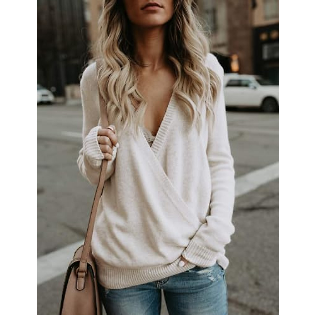 softome Womens Knitted Deep V-Neck Long Sleeve Wrap Front Loose Sweater Pullover Jumper Tops A-Beige