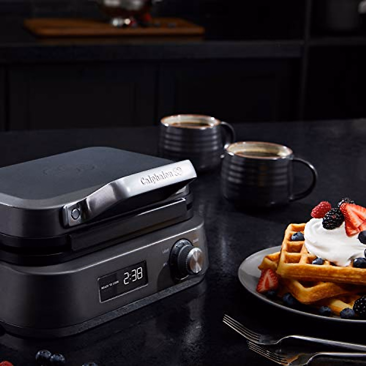 Calphalon Intellicrisp Belgian Waffle Maker with LED Display Timer and Ceramic Cooking Plates, Makes 2 Waffles, Dark Stainless Steel
